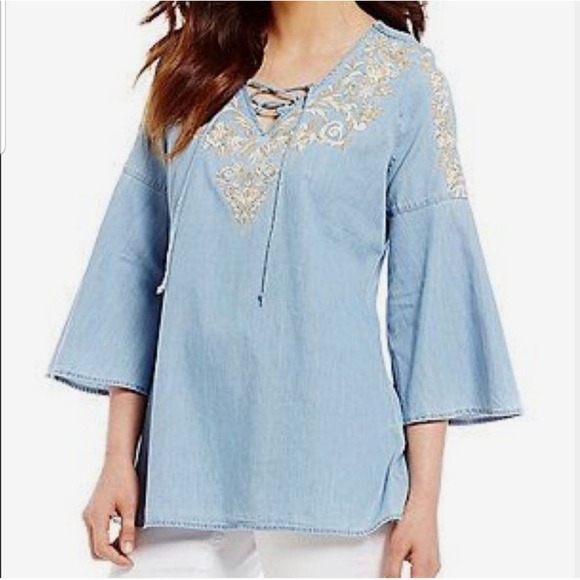 Reba | Tops | 325 Reba Embroidered Chambray Tunic Top L Bell 34 Sleeves ...